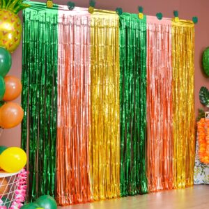 lolstar hawaiian luau party decorations, 2 packs of 3.3x6.6 ft green brown and yellow foil fringe curtains tinsel photo booth props, streamer backdrop for hawaiian tropical party decorations