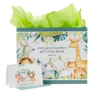 christian art gifts large landscape scripture gift bag w/greeting card & tissue paper set for kids: every gift inspirational bible verse, cute animal forest theme childrens wrapping accessory, boys,