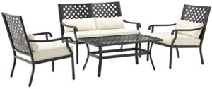 crosley furniture alistair 4-piece outdoor loveseat patio furniture set, conversation sets for porch, deck, matte black with creme cushions