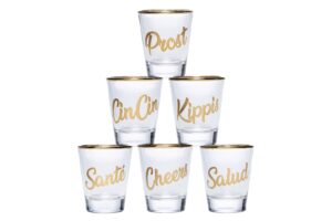 world of cheers europe series, set of 6 cute shot glasses bulk (1.5oz / 50ml) heavy base shot glasses set, detailed with gold rim shot glass, and typography, an uplifting barware collection