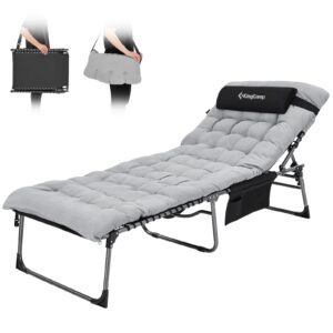 kingcamp folding chaise lounge outdoor, adjustable lounge chair with mattress for patio, beach, pool, and tanning, foldable camping cot portable heavy duty lay flat reclining for outdoor with pillow