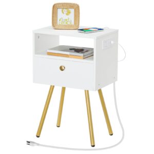 hoobro nightstand with charging station, end table with usb ports and outlet, side table for tight spaces, solid and stable, for office, bedroom, study, white and gold dw88ubz01