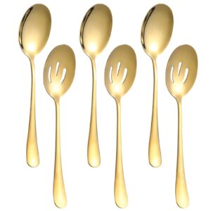 6 pieces serving spoons set, 8.7 inch serving spoon, includes 3 serving spoons and 3 slotted spoons, stainless steel buffet banquet spoons, large spoons utensils cutlery set for kitchen, gold