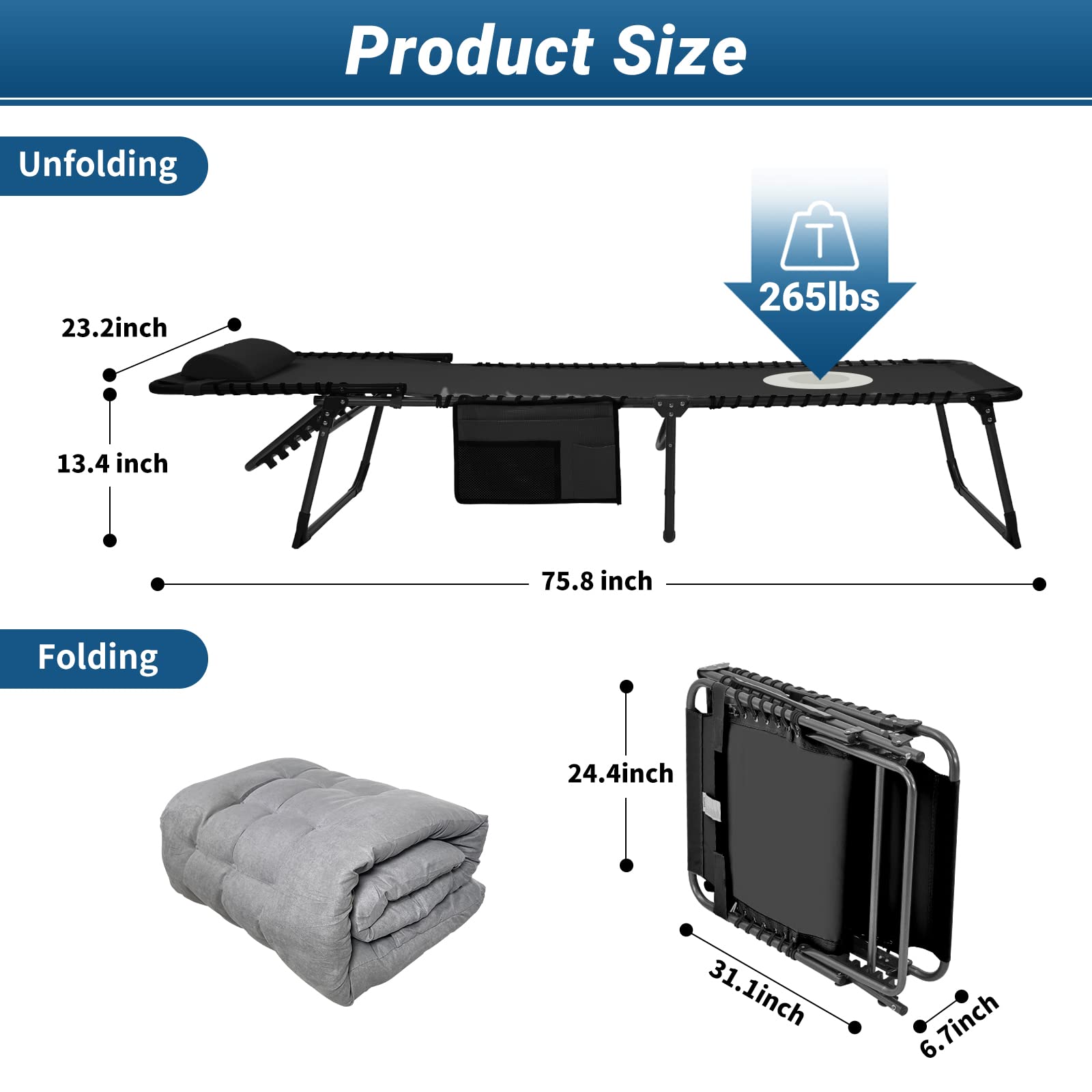 KingCamp Folding Chaise Lounge Outdoor, Adjustable Lounge Chair with Mattress for Patio, Beach, Pool, and Tanning, Foldable Camping Cot Portable Heavy Duty Lay Flat Reclining for Outdoor with Pillow