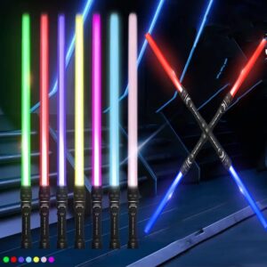 2-in-1 light swords - 2 pcs led dual swords with fx sound & telescopic handle for kid - 7 colors expandable light swords set galaxy war fighters warriors for halloween dress up parties xmas present…