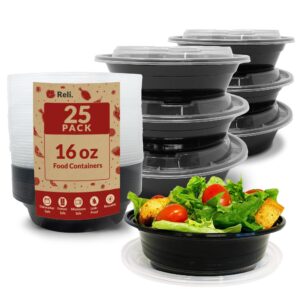 reli. meal prep container bowls, 16 oz (25 pack) meal prep containers reusable | plastic take out food containers, microwavable bowls | disposable bowls with lids for takeout, to go, leftover