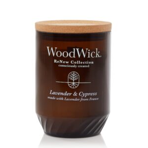 woodwick® renew large candle, lavender & cypress scented candles, 13oz, plant based soy wax blend, made with upcycled materials and essential oils, up to 75 hours of burn time