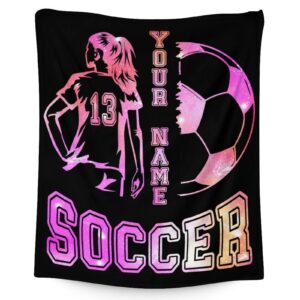 personalized soccer throw blanket with name- soft, fuzzy & warm- 50x60 inches throw size blanket for couch, office - black cute throw gift for girls, women