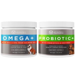 itchy dog skin bundle for dogs that scratch a lot - dog probiotic and omega supplement bundle for healthy digestion and itchy skin relief (60 chews)