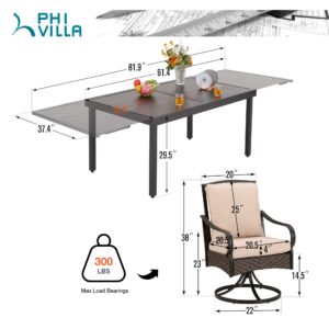 PHI VILLA 7-Piece Outdoor Patio Table and Chairs Set Heavy Duty Furniture Dining Set with 6 Large Swivel Chairs, 1 6/8 Person Extendable Rectangular Metal Table for Deck Garden Yard