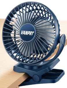 vanprt 5000mah clip on fan, 6'' portable rechargeable battery fan, 7-30 working hours, 3 speeds strong airflow, 720° rotation, quiet, strong clamp for desk/office/golf/car/gym/treadmill - blue