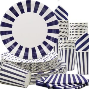 navy blue striped party supplies, blue and white birthday party pack, navy blue paper plates and napkins set for boys baby shower birthday graduation summer blue party, services 40