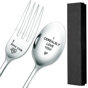 2 pcs i love you engraved spoon and fork set valentine's gifts for boyfriend girlfriend couples i love you funny fork stainless steel i cerealsly love you cereal spoon in gift box