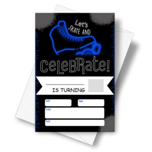 detiho 4" x 6" blue roller skating skating theme birthday party invitation cards with envelopes - let's skate and celebrate - neon glow skating party invitation - 20 sets - e43