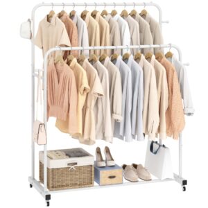 laiensia double rods garment rack with wheels, clothing rack for hanging clothes,4 hooks, multi-functional bedroom clothes rack, white