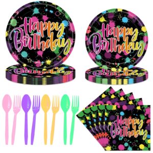 teefity 120 pcs neon glow birthday party tableware set, party table decorations supplies include 7 inch and 9 inch paper plates, napkins and forks spoons for 24 guests