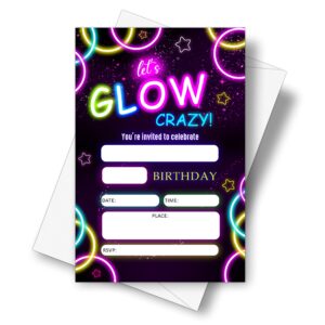 detiho 4" x 6" glow theme birthday party invitation cards with envelopes - let's glow crazy - neon party invitation - 20 sets - e22