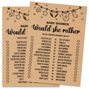 baby shower game cards, would she rather baby shower game, set of 30 cards, rustic bridal wedding shower or bachelorette party game, baby shower ideas, kraft