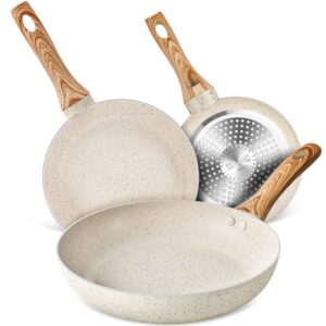 michelangelo non stick frying pans set, granite frying pans nonstick, nonstick pan sets for cooking, 8 inch, 9.5 inch and 11 inch nonstick frying pan set with anti-scald handle, white