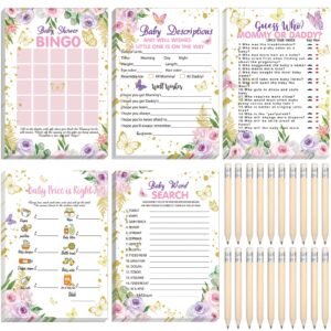 sinmoe 145 pieces baby shower games 5 games set baby shower games activities with 20 pencils funny baby shower games include baby descriptions and wishes, guess who, bingo game(butterfly)