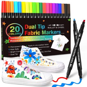 kerifi dual tip fabric markers permanent for clothes, 20 colors fabric decorating paint pens for kids, t-shirt shoe markers for sneakers clothing canvas textile bibs coloring book (chisel & fine tip)