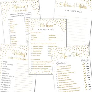 bridal shower games - 5 activities for 50 guests - double sided games - gold polka dots