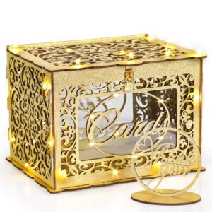 gold wedding card box with lock and led fairy lights, glittery wooden gift card boxes money box holder for wedding reception, bridal shower, rustic graduation party, keepsake party favor, anniversary