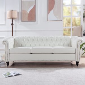 levnary chesterfield sofa, classic tufted upholstered leather couch, modern 3 seater couch furniture with tufted back for living room office (cream white)