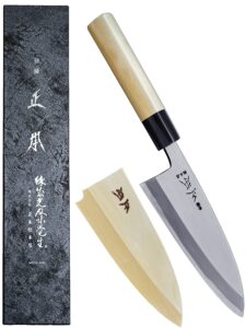 masamoto ks japanese deba knife with sheath 6.5" (165mm) [honbazuke] made in japan, professional heavy duty knife for fish, ultra sharp japanese carbon steel blade, wood wa handle, black ferrule