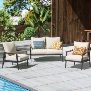 natural expressions 3 pieces patio furniture set, outdoor furniture sofa sectional modern metal patio conversation set with high back wicker backrest & loveseat for balcony, backyard, deck, porch