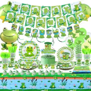 frog birthday party decoration, frog party supplies tableware includes paper plates, balloons and happy birthday banner for green frog camping baby shower kids birthday dinnerware party, serves 20