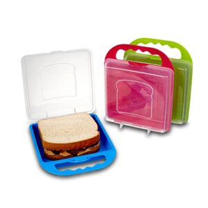 kitchen & cabana i 3 pack of sandwich containers i reusable i bpa free i perfect for smaller sized sandwiches i 3 bright colors i easy to open lids i snap shut with fun carrying handle (3 pack -