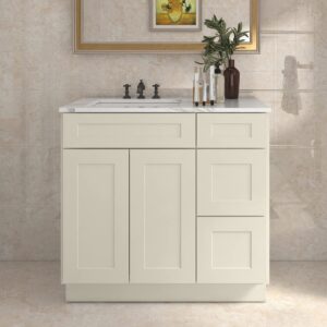 lovmor 36'' bathroom vanity sink base cabinet with 2-doors, storage cabinet with 3-drawers on the right, suitable for bathrooms, kitchens, laundry rooms and other places.