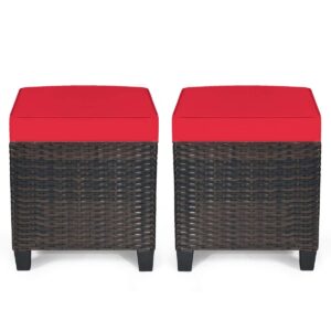 relax4life 2-piece patio ottoman set - wicker footstools, all weather pe rattan ottoman with removable cushions, square footrest seat, outdoor stools for garden, porch, pouf ottoman (red)