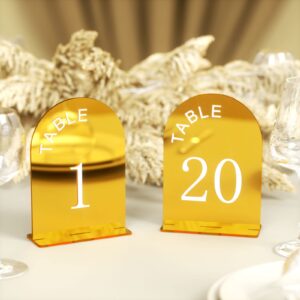 kelyhoomy 20 pcs wedding table numbers, mirror acrylic number with stands 1-20 printed, 5x7 inch gold holders, sign numbers for reception, event, party, restaurant, wtn-002