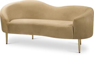 meridian furniture 659camel-l ritz collection modern | contemporary upholstered loveseat with rich camel velvet, gold metal legs, curved contemporary design, 67" w x 31.75" d x 30.5" h, camel