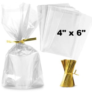 zcintert clear cello cellophane treat bags, 200 pcs - 3.9" x 5.9"(2mils), plastic gift bags for candy, party favor, cookies, candies packaging, with 4” twist ties