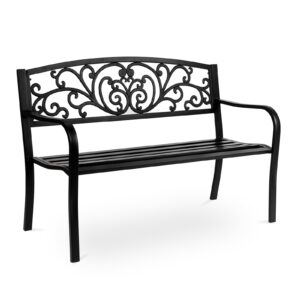 outvita outdoor bench, 50" metal garden bench patio porch furniture with floral design backrest powder-coated chair yard entryway deck furniture