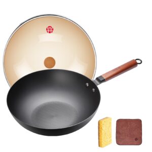 wangyuanji iron wok 12.6 inches,wooden handle chinese iron pot carbon steel wok non-coated stir fry pan,suitable for home cooking, compatible with induction, gas, and electric ceramic cooktops