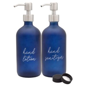 darware navy lotion/sanitizer pump bottles (set of 2, navy blue); glass pump dispenser bottles for hand care, pre-labeled