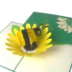 paper pop up cards 4.7x6.69 inch, bee with sunflower, 3d popup greeting cards with envelopes, perfect for pop-up bursting birthday gift.