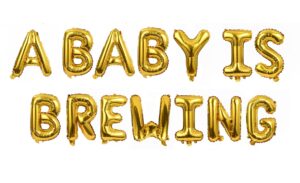 a baby is brewing gold mylar foil balloons banner sign，shiny bachelor party，pregnancy announcement, birthday and bridal shower photo backgroud props decors