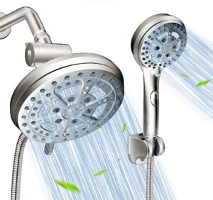 shower head with handheld combo, 7 inch high pressure rainfall showerhead with hand held 60 inch hose for bath - one click for high pressure/trickle mode handheld anti-leak nozzles - universal fit