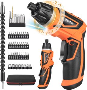 vastar 7.2v cordless screwdriver, electric power screwdriver set with rechargeable battery & pivoting handle, 320rpm/10+1 torque small automatic screw driver kit with 47pcs bits/led front light