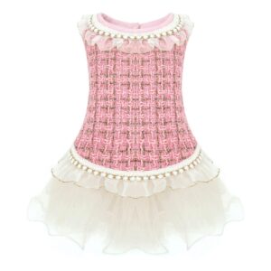 dog plaid dress lace tulle tutu princess skirt with pearls accessory for small girl dogs christmas holiday wedding birthday party (pink, m)