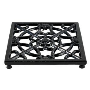 square cast iron trivet for kitchen countertop，recycled metal heat resistant trivets with rubber pegs，rustic decorative trivet for hot dishes pot pan teapot for kitchen dining table, black