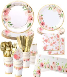 floral paper plates and napkins party supplies - serves 16 - flower plates floral party cups knifes forks floral baby shower decorations for girl pink and gold bridal shower tea party birthday