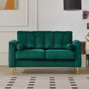 masti green velvet loveseat sofa for small spaces,59" modern love seats furniture with golden legs and two bolster pillows suitable for living room,bedroom and apartment