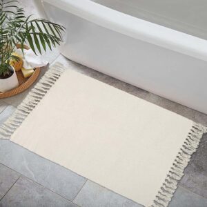 Seavish Boho Bathroom Rug with Tassel 2x3 Beige Washable Kitchen Rug, Small Cotton Woven Entryway Rug Reversible Low Profile Door Mat Modern Farmhouse Carpet Rug for Bedroom Laundry Room Dorm