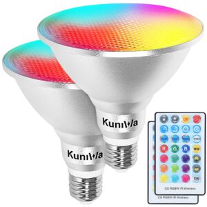 kuniwa 2 pack par38 flood light bulbs outdoor 30w, led color changing spotlight waterproof, 100w equivalent, timing, remote, rgb porch light e26 for holiday halloween christmas party decoration